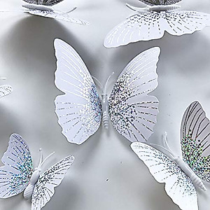24PCS Butterfly Stickers with Sponge Gum and Magnets, White Crystal Removable Butterfly Wall Sticker Decals for Room Home Nursery Decor (White Single Wing)
