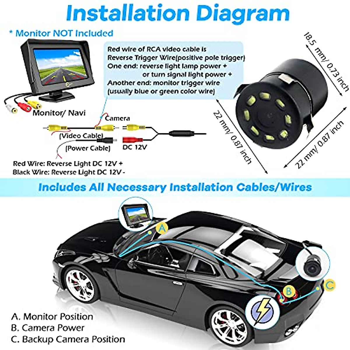 Rear View Camera, 18.5 mm CCD Reverse Backup Camera, 170° Viewing Angle Reversing Camera Night Vision with 8 LED Lights, Parking Camera Waterproof for 12V Car RV SUV Minivan Camper