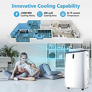 Rintuf 12000 BTU Portable Air Conditioner, Cools Rooms up to 550 Sq.ft, Portable AC with Dehumidifier & Fan & Smart Timer, with Handy Remote, Washable Filter, Universal Wheels, Window Kit