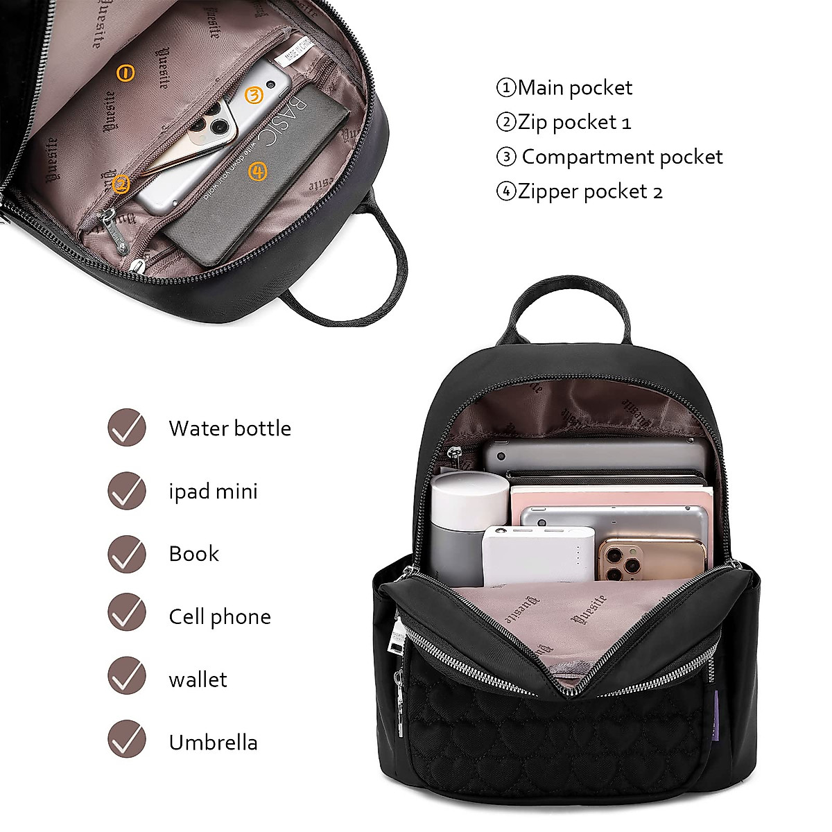 MYHOZEE Backpack for Women, Quilted Nylon Travel Backpack Purse Black Small Bag Teen Daypack Heart