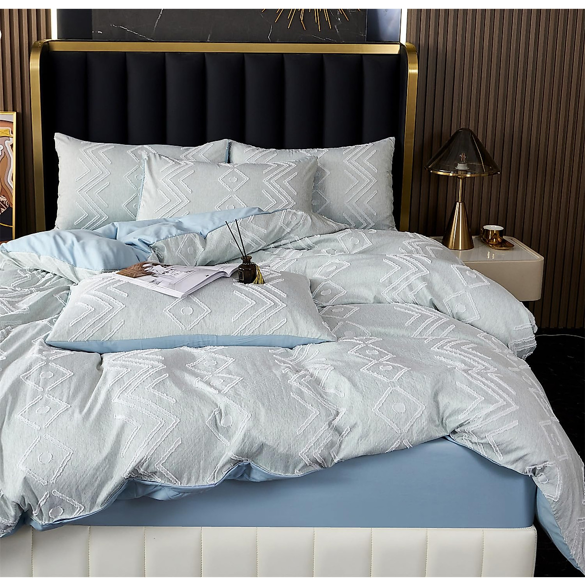 Boho Tufted Duvet Cover Set Full Queen Dusty Blue, Shabby Chic Diamond Rhombus Geometric Chevron Linen Textured Bedding Duvet Cover Set 90x90 Soft Microfiber Farmhouse Comforter Cover with Pillowcase