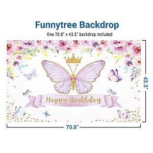 Funnytree Happy Birthday Butterfly Party Backdrop Purple Baby Girls Princess Pink Rose Floral Gold Photography Background Kids Sweet Cake Table Banner Decor Supplies