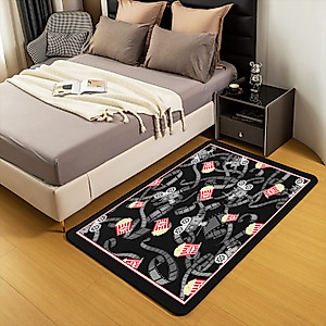 Movie Theater Indoor Floor Mat Cinema Poster Decorative Carpet, for Popcorn Movie Night Film Star Red Black Living Room Rugs Old Fashion Home Decor Area Rug 5'x7'