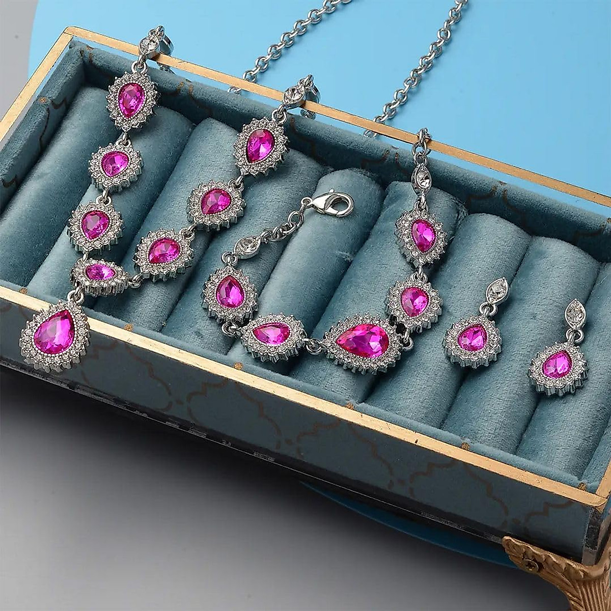 Shop LC Wedding Costume Jewelry Set for Women Bridesmaid Teardrop Necklace Bracelet Earrings Pink Crystal Bridal Gifts for Women Size 20" & 7.5'' Birthday Gifts