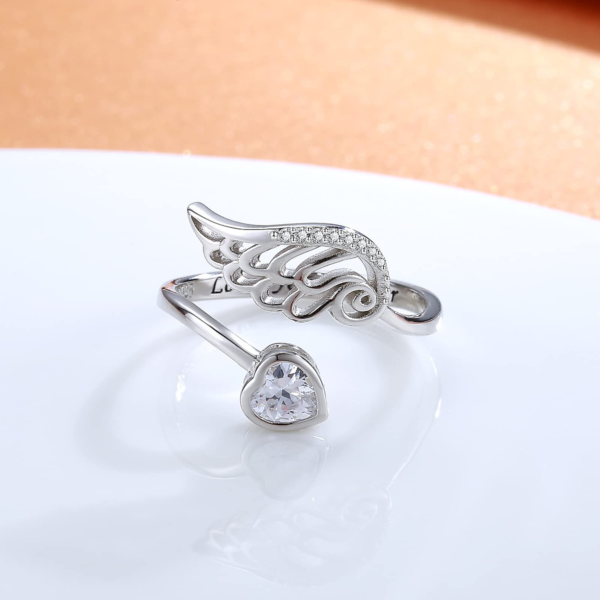 Birthstone Wing Rings Sterling Silver Adjustable Feather Heart Month Stone Wrap Ring Jewelry Gift for Women Engrave Love you forever (Apr)