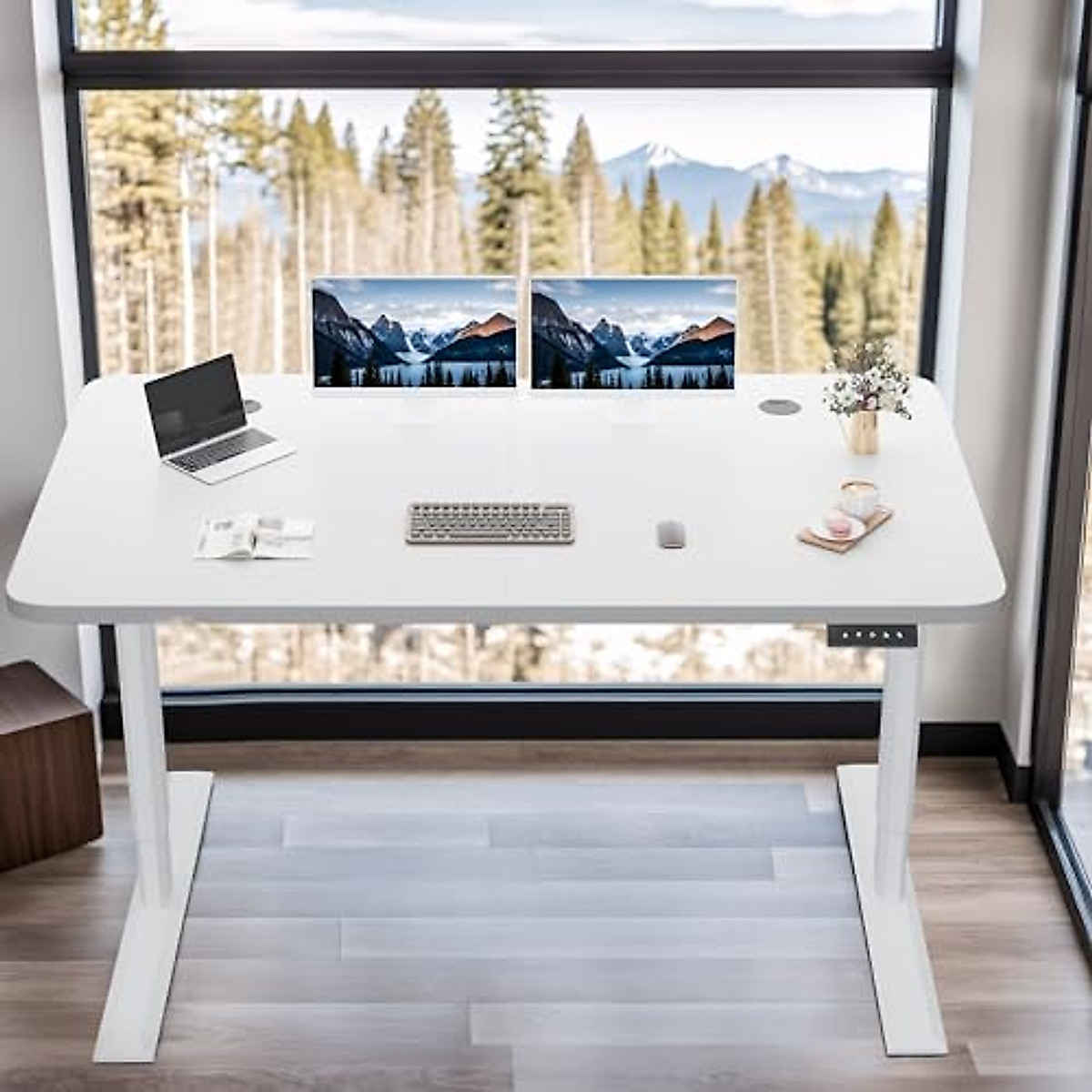 Flamaker Standing Desk, Electric Adjustable Height Stand up Desk, 55 x 24 Inches Home Office Computer Desk with T-Shaped Metal Bracket and Memory Preset, White