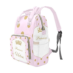 NZOOHY Pink Royal Crown Princess Personalized Name Diaper Bag Tote, Custom Waterproof Nursing Baby Bag Mummy Backpack for Mom Travel Outdoor