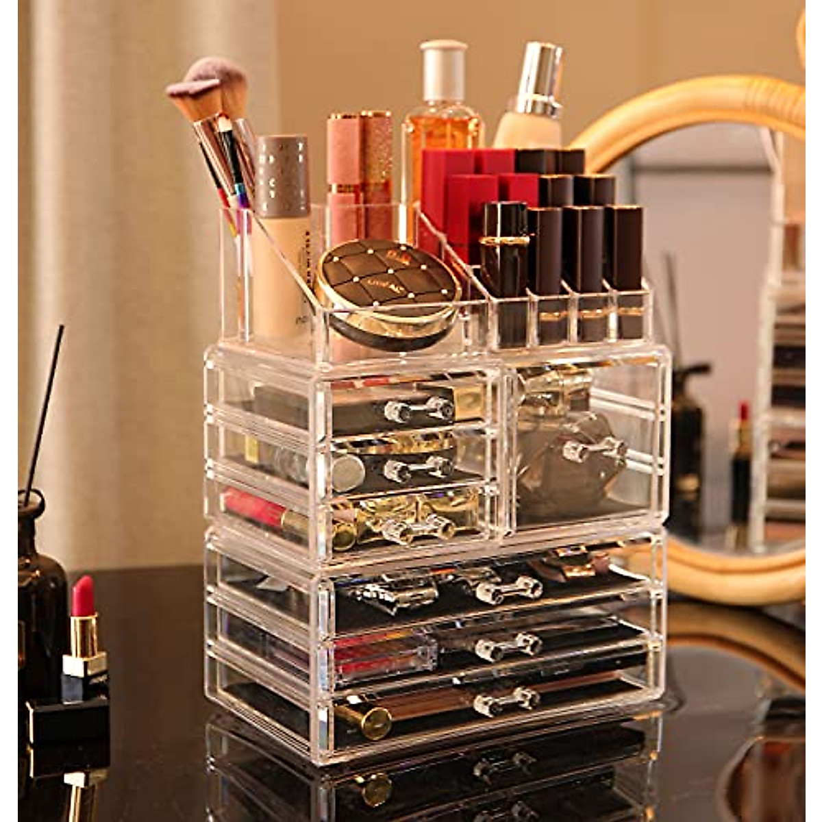 Cq acrylic Clear Makeup Storage Organizer Drawers Skin Care Large Cosmetic Display Cases Stackable Storage Box With 7 Drawers For Dresser,Set of 3