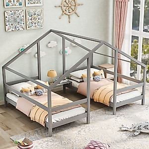RUNWON Double Twin Size House Platform Bed, House-Shaped Sharing Daybed Frame with Built-in Desk and Safety Guard Rails for Kids Teens Adults, Grey