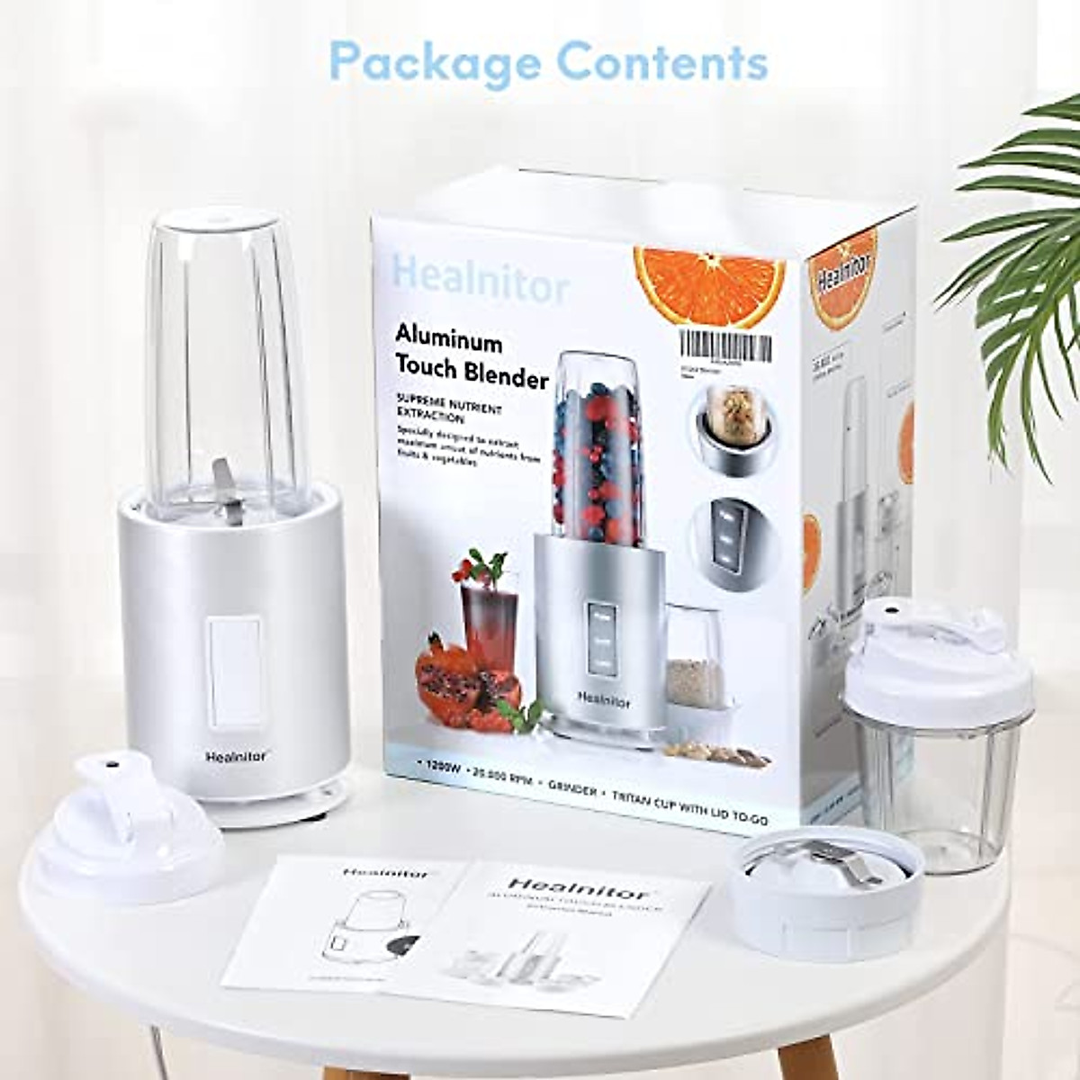 1200W Aluminum 3-Speed Juicer for Shakes and Smoothies, Healnitor Large Size Mixer with Blending and Juicing for Kitchen, Silver