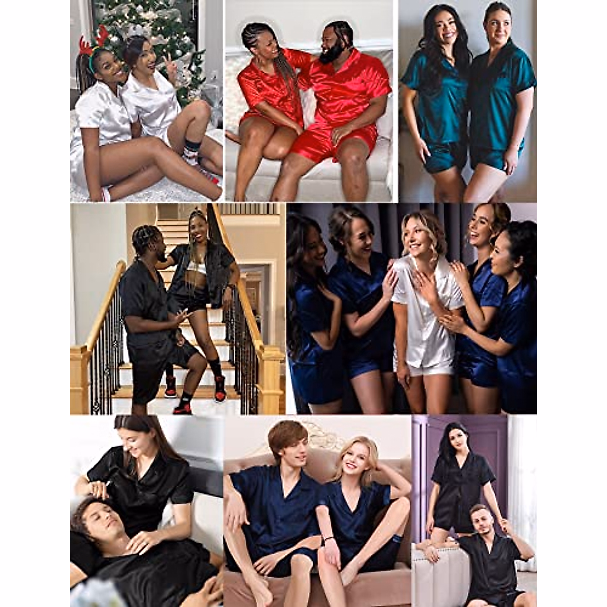 SWOMOG Couple Matching Pajamas Set Satin Short Sleeve Sleepwear Silky Pj Set for Women Button-Down Two-Pieces Nightwear