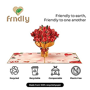 Frndly by Paper Love Pop Up Card, 3D Bouquet of Roses, Handcrafted - 100% Recycled and Eco-Friendly, 8" x 6" Cover - with Removable Note Tag