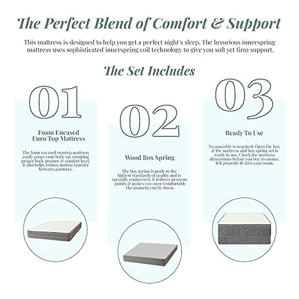 Nutan 10 Inch Foam Encased Mattress with Eurotop and 8 Inch Box Spring Bed Set, Comfy, and Soft Plush Mattresses Provide Soothing Sleep, Complete Body Support, and Pressure Relief, Twin