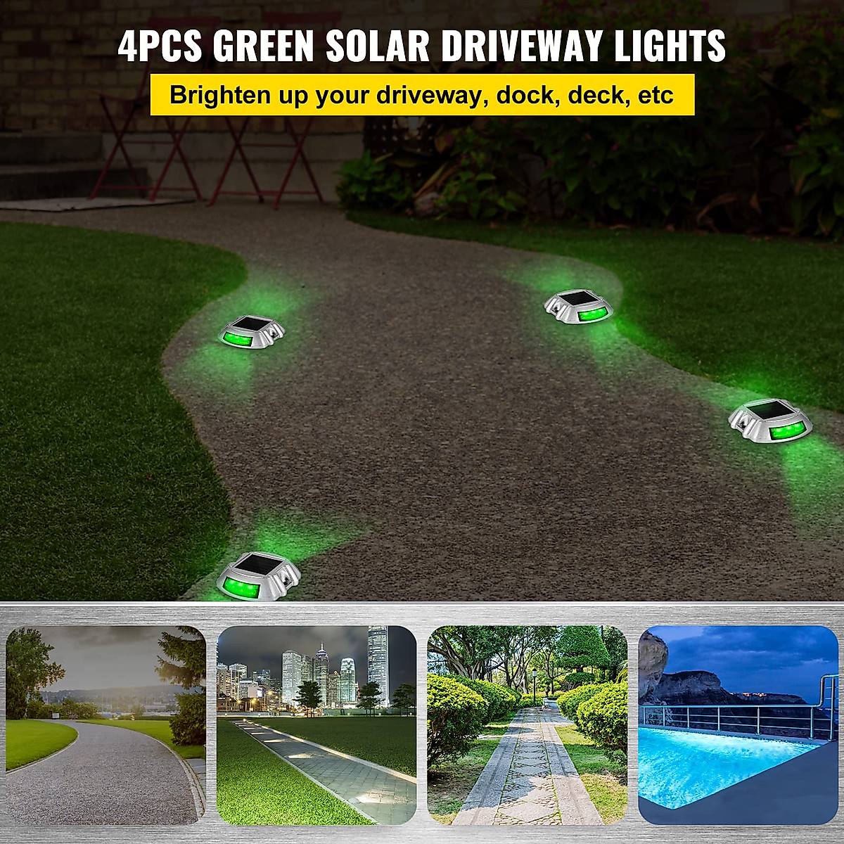 Happybuy Driveway Lights 4-Pack, Solar Driveway Lights with Switch Button, Solar Deck Lights, Wireless Dock Lights 6 LEDs for Path Warning Garden Walkway Sidewalk Steps, LED Bright Green