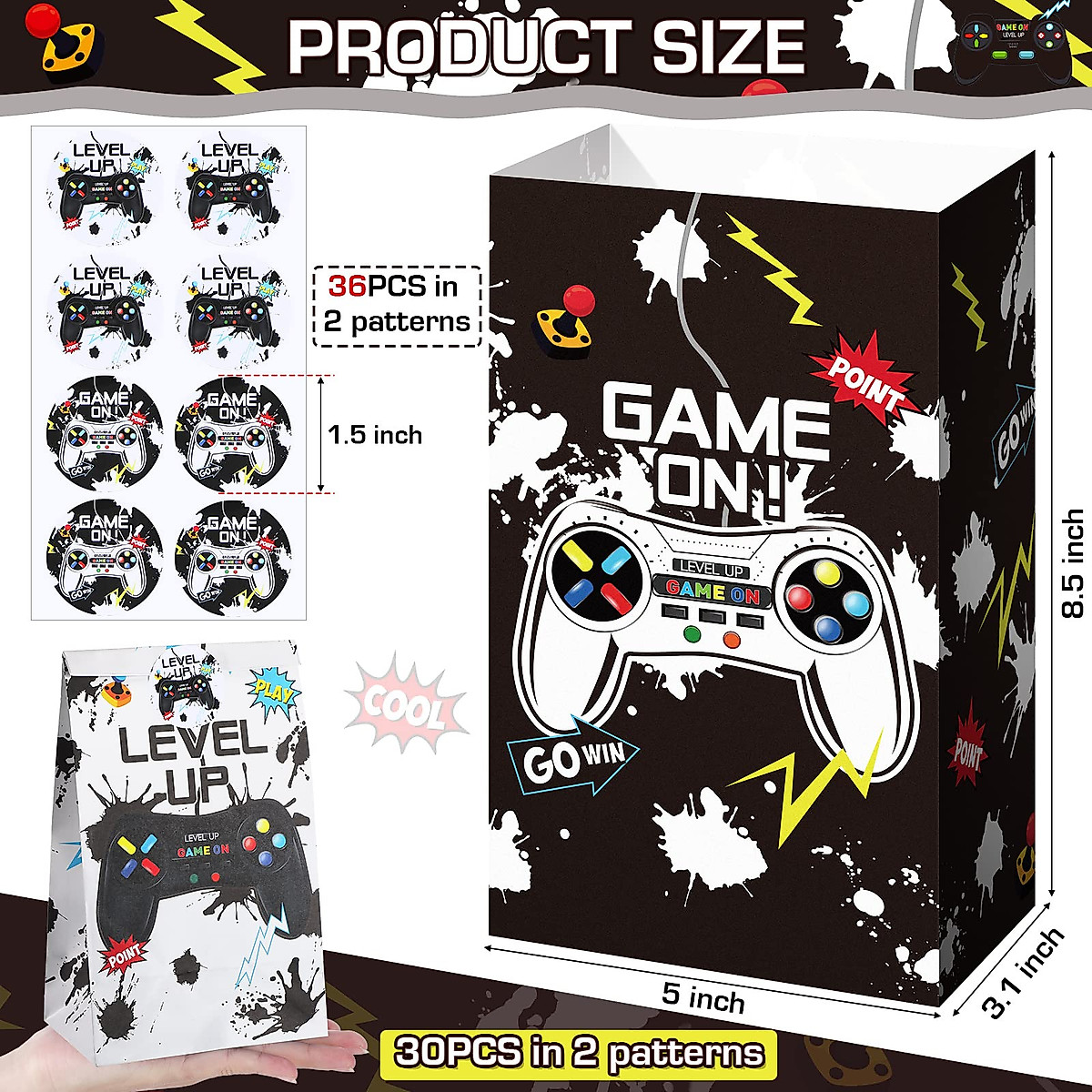 30 Pcs Video Game Party Paper Bags Gaming Party Favors Gift Bags Gamer Theme Party Goodie Bags Boys Birthday Party Decorations Treat Candy Bags with 30 Stickers (White, Black)