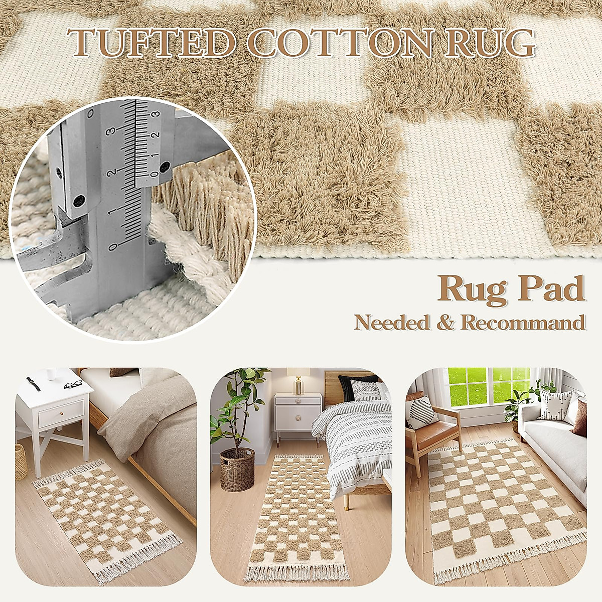 Lahome Checkered Boho Bath Mats, Neutral 2x3 Bathroom Rug Machine Washable Tufted Throw Rugs with Tassels, Fluffy Farmhouse Area Rug Non-Shedding Cotton Carpet for Bedroom Dorm, Khaki