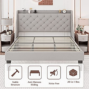 Feonase King Size Bed Frame with Deluxe Wingback Headboard, Upholstered Platform Bed Frame with Diamond Tufting & Storage Shelf, Wood Slats, Easy Assembly, Noise-Free, No Box Spring Needed, Light Gray