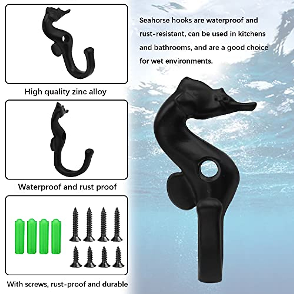 AOAOYING Wall Storage Hooks – Hippocampus Decorative Wall Mounted Coat Hooks for Hanging Coats, Scarves, Bags, Purses, Backpacks, Towels Indoor and Outdoor Hooks (Black 5 Pack)