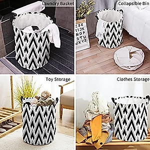 Collapsible Laundry Basket 17inch Chevron Striped Freestanding Laundry Hamper with Handles White Gray Black Drawstring Storage Basket for Clothes Toys Bedroom Nursery Bathroom