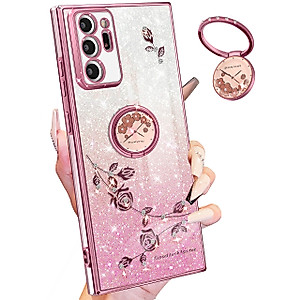 Coralogo (3in1 for Samsung Galaxy Note 20 Ultra Case Glitter Sparkly for Women Girls Bling Shiny Phone Cover Cute Flowers Floral Unique Design with Ring Pretty Cases for Galaxy Note 20 Ultra 5G 6.9''