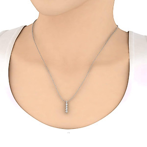 FINEROCK 0.16 ctw Channel Set Diamond Ladies Vertical Bar Pendant in 10K White Gold (Silver Chain Included)