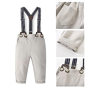 SALNIER Baby Boy Dress Suit Clothes Sets Infant Tuxedo Gentleman Suits Outfits Bowtie Shirt Suspenders Pants Beret Hat 0-24M(Gray 2,12-18 Months)