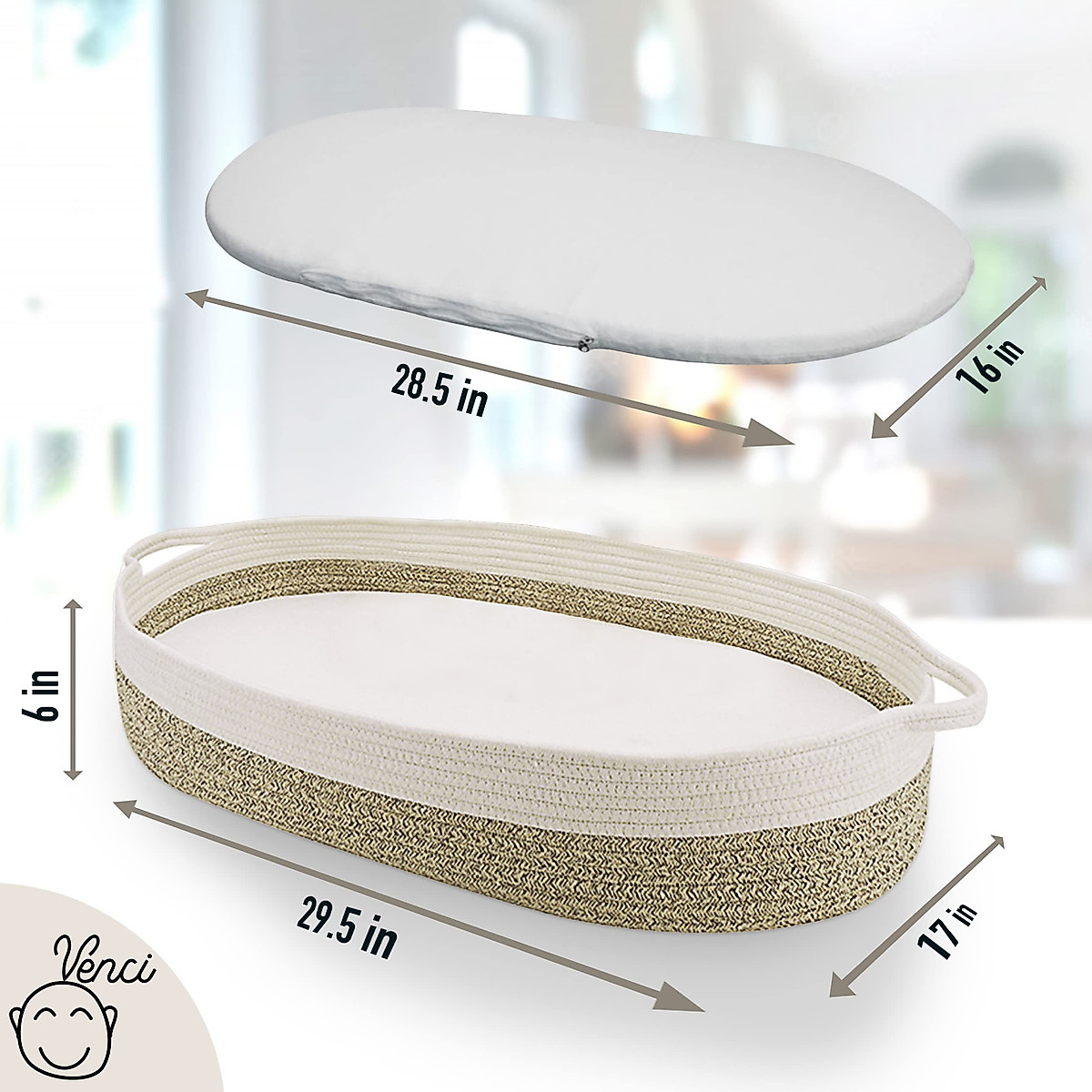 Baby Changing Basket for Dresser Top - 29.5 x 17 x 6 in, Organic Cotton Rope and Thick Removable Foam Pad, Portable Moses Basket Changing Basket for Babies, Waterproof Changing Pad