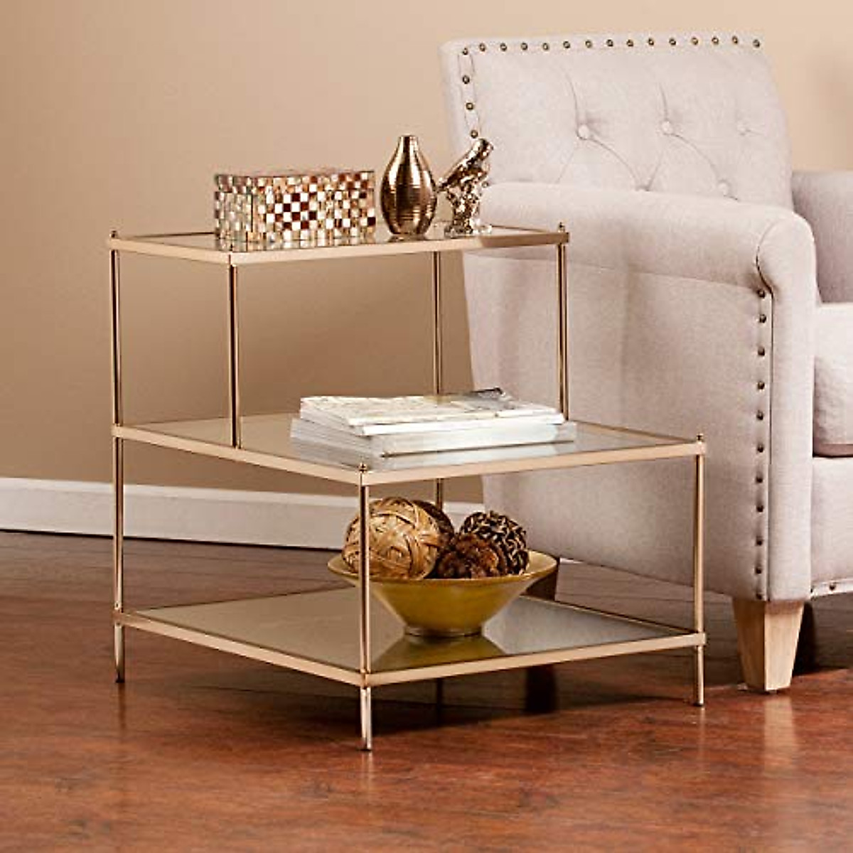SEI Furniture Knox Mirrored 3-Tier Stair Step Accent Table, 20.5"W X 24"D X 23.75"H, Warm Art Deco Gold