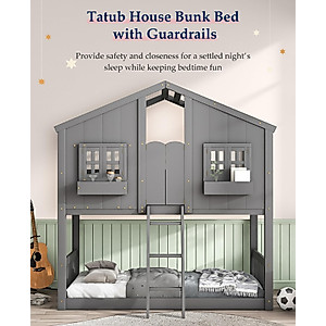 Tatub House Bunk Bed Twin Over Twin Floor Bunk Bed Wood Treehouse Bunk Bed with Ladder, Roof, Windows, Door and Storage, House Bunk Beds Frame for Kids Teens