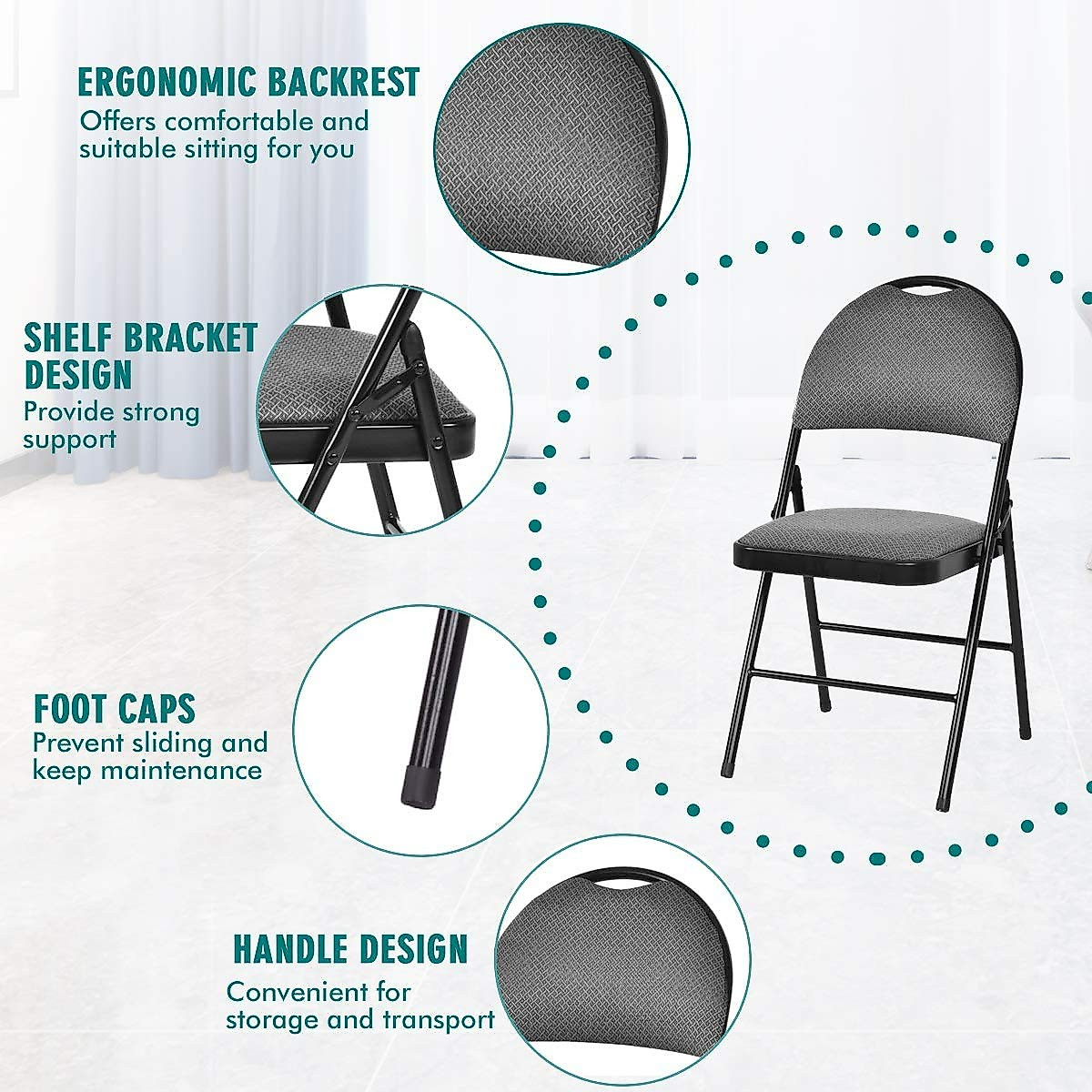 ReunionG 6 PCS Folding Chair, 6-Pack Portable Chairs with Upholstered Padded Seat and Back, Metal Frame Home Office Chairs (6 PCS)