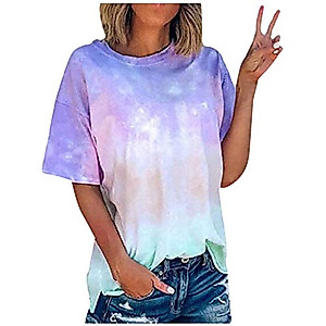 Women's Tie-Dye Short Sleeves Tee Tops Summer Crew-Neck Casual Loose Comfy T Shirts Blouse Blue