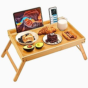Bamboo Bed Tray Table, Large Breakfast Tray - 21.7x14 Inch with Folding Legs, Multipurpose Serving Tray Use As Portable Laptop Tray, Snack Tray, Platter Tray for Working, Eating, Reading by Pipishell