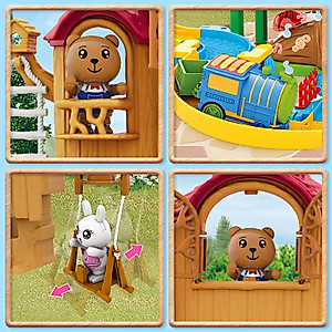 deAO Tree House Playset, Train Set Car Track Toys for Toddlers, DIY Forest Friends Pretend Playhouse with 2 Dolls Toy Figures,Train,Car Tracks,Swing,Sound & Light Function Toy House for 3+ Boys Girl