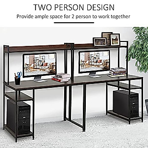 HOMCOM 94.5in Industrial Double Computer Desk with Hutch and Storage Shelves, Extra Long Home Office Writing Table 2 Person Workstation, CPU Stand, Brown Wood Grain