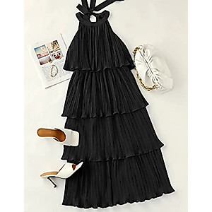 ZESICA Women's 2023 Summer Sleeveless Halter Neck Ruffle Tiered Layed Chiffon Flowy Swing Long Midi Dress,DarkBlack,Large