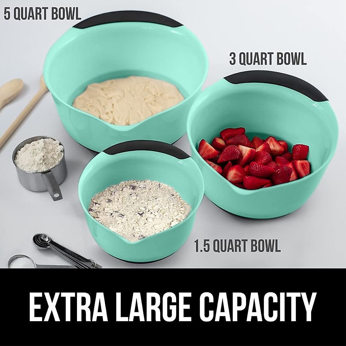 Gorilla Grip Mixing Bowls Set of 3, Slip Resistant Rubber Bottom, Nesting Baking Bowl, Soft Wide Handle, Easy Pour Spout, Electric Mixer and Dishwasher Safe, Kitchen Essentials, 5, 3 and 1.5 QT, Mint