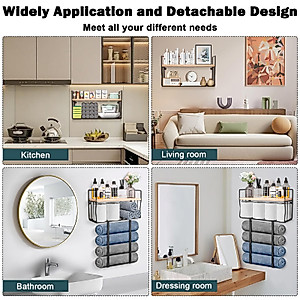 Livabber Towel Racks for Bathroom, Metal Towel Storage Holder for Roll Towels, Wall Mounted Towel Organizer with Storage Basket and Wooden Shelf for Small Bathroom (Black)