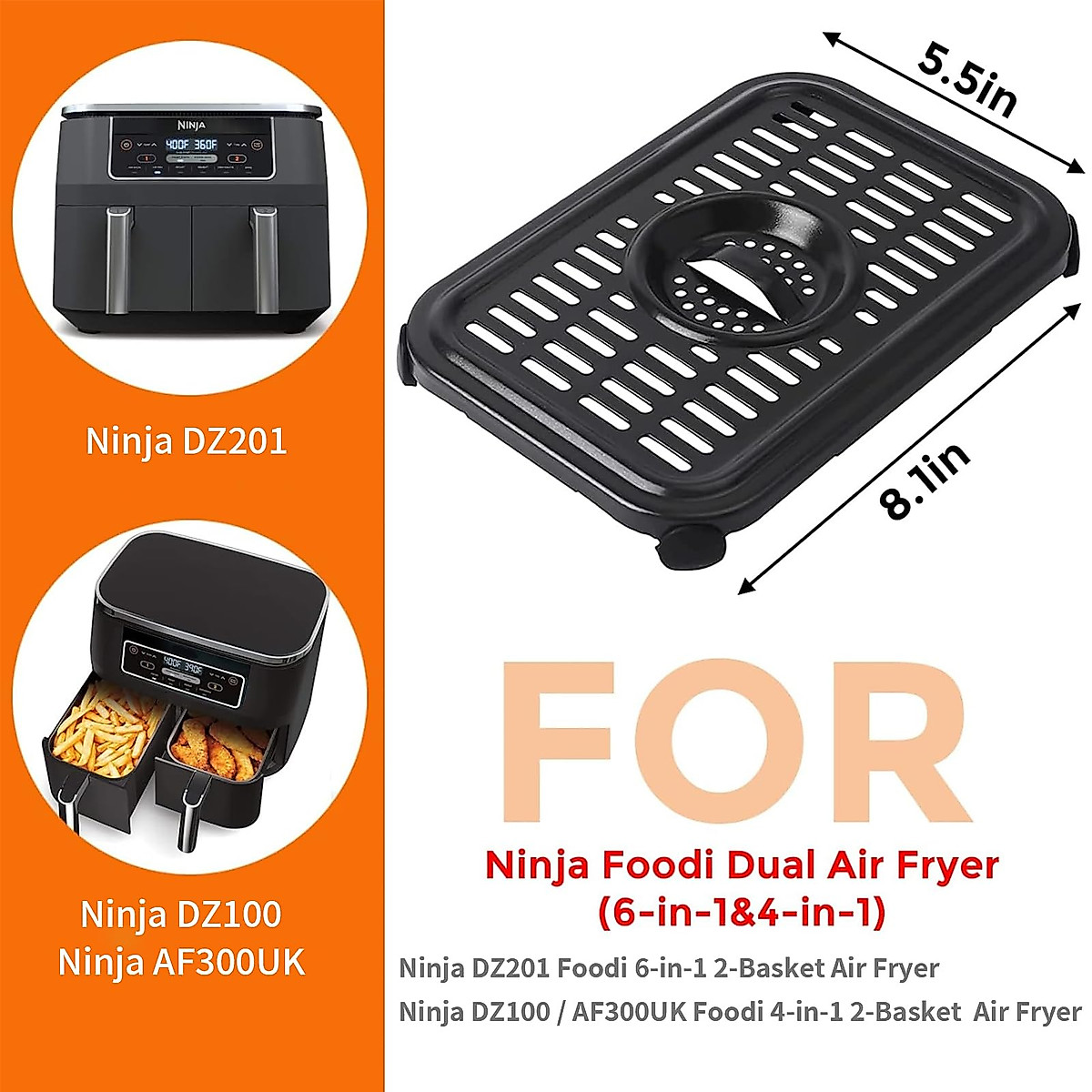 Air Fryer Grill Pan for Ninja Foodi DZ090/DZ201/DZ100（US）AF300（UK）6-in-1 7.6L Dual Zone Air Fryer, 2-Pack Replacement Crisper & Grill Plates with Rubber Bumpers, Dishwasher Safe