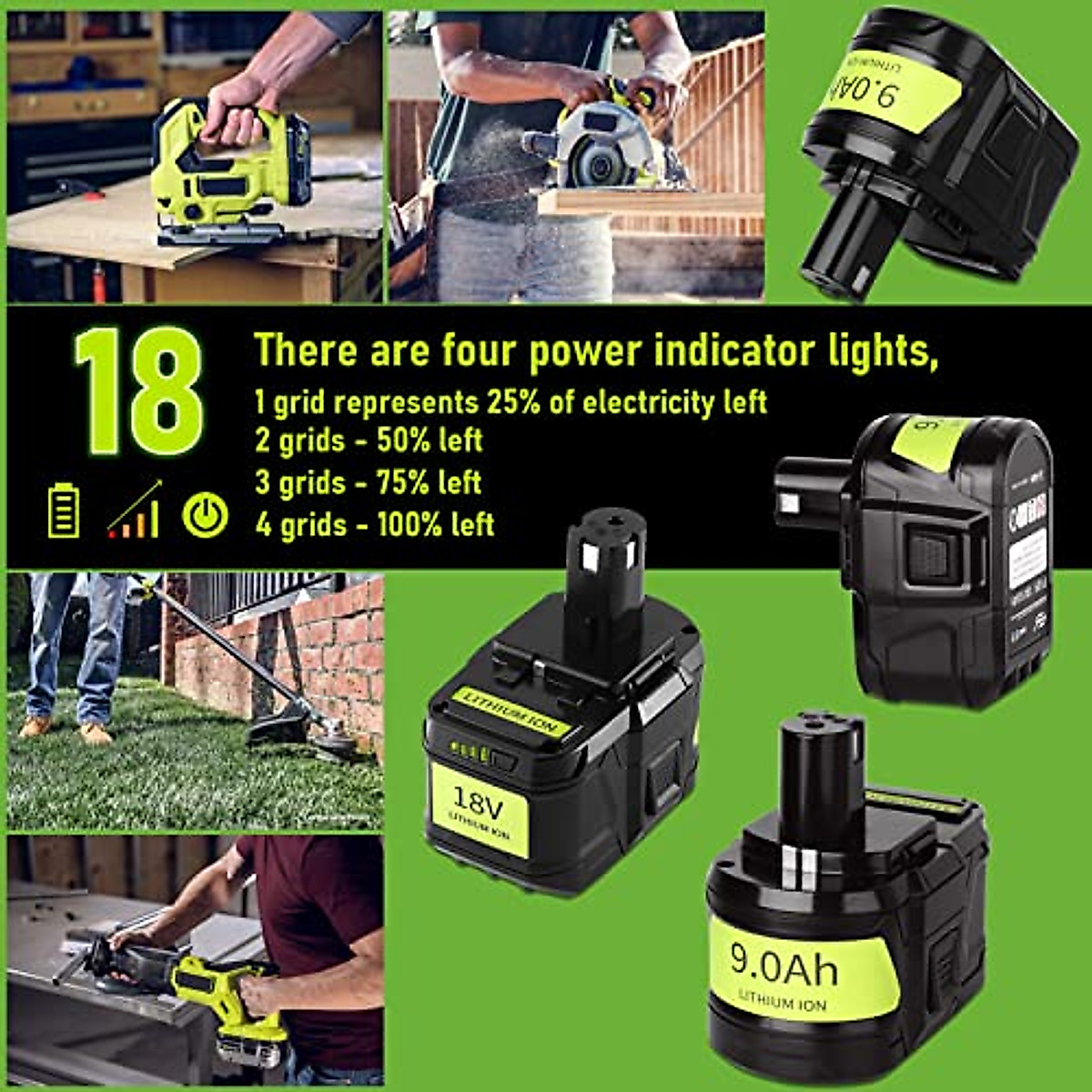 Jialitt 9.0Ah Li-ion P108 Replacement Battery for Ryobi 18V ONE+ P102 P103 P105 P107 P108 P109 Cordless Tool Battery with LED Indicator