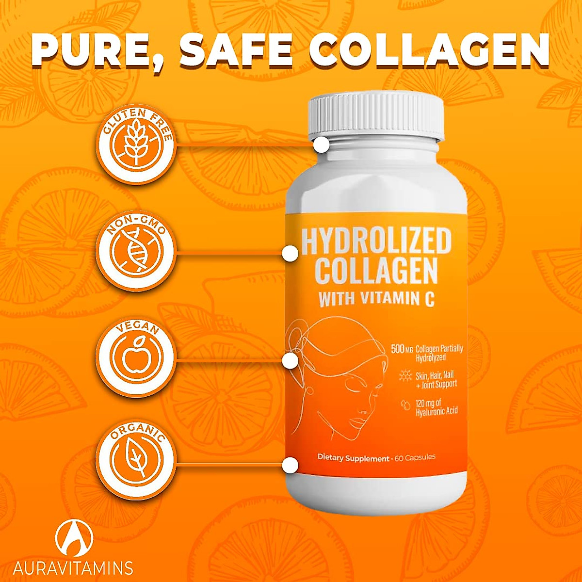 Aura Vitamin Hydrolyzed Collagen with Vitamin C Capsules 500mg Great Energy | Skin, Hair and Nail Support | Hyaluronic Acid Pills - 60ct (1)