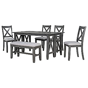 6 Pieces Dining Table Set, Wood Rectangle Table and 4 Chairs with Bench with Cushion, Kitchen Table Chairs Set for 6 Persons (Gray)