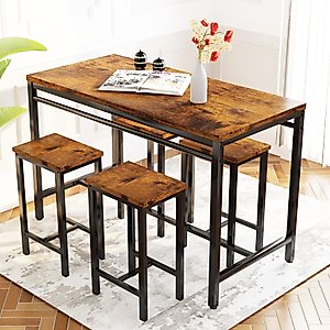AWQM 5 Piece Bar Table Set, Modern Counter Height Dining Table and Chairs Set for 4, Wood Kitchen Table and 4 Bar Stools for Small Spaces, Apartment, Pub, Dining Room (Rustic Brown)