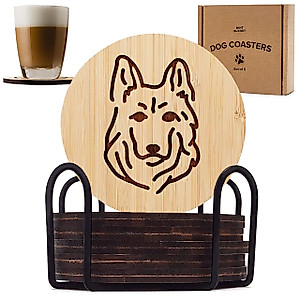 Set of 6 Bamboo Coasters with Holder - 3.9 Inch Fun Dog Coasters - Non-Stick Absorbent Engraved Laser-Cut - Durable, Washable (German Shepherd)