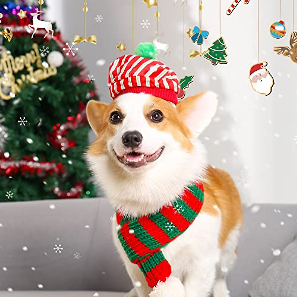 Christmas Costume Hat with Scarf for Cats and Dogs, 2 Pcs Adjustable Santa Hat Scarf Set, Xmas Pet Warm Outfit Cloth, Medium