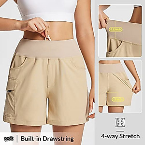BALEAF Women's 5" Athletic Shorts High Waisted Quick Dry with Cargo Pockets Hiking Climbing Summer Shorts-Khaki-L