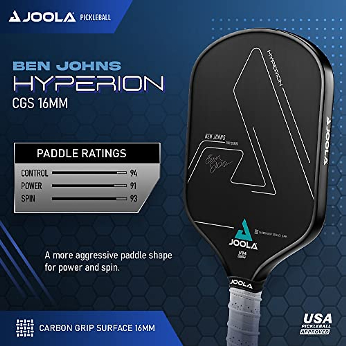 JOOLA Ben Johns Hyperion CGS 16mm Pickleball Paddle - Textured Carbon Grip Surface Technology for Spin & Control with Added Power - Polypropylene Honeycomb Core Pickleball Racket