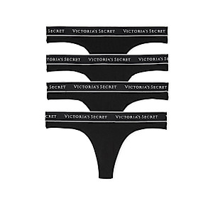 Victoria's Secret Cotton Logo Thong Panty Pack, Underwear for Women, 4 Pack, Black (S)