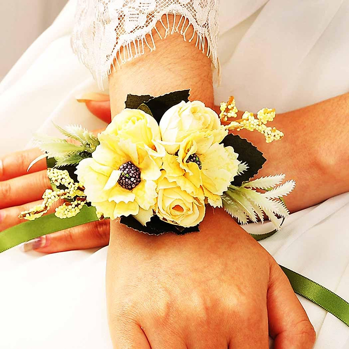 Yean Flower Wedding Wrist Corsage Ivory Prom Corsage Ribbon Bracelets for Bride and Bridesmaios