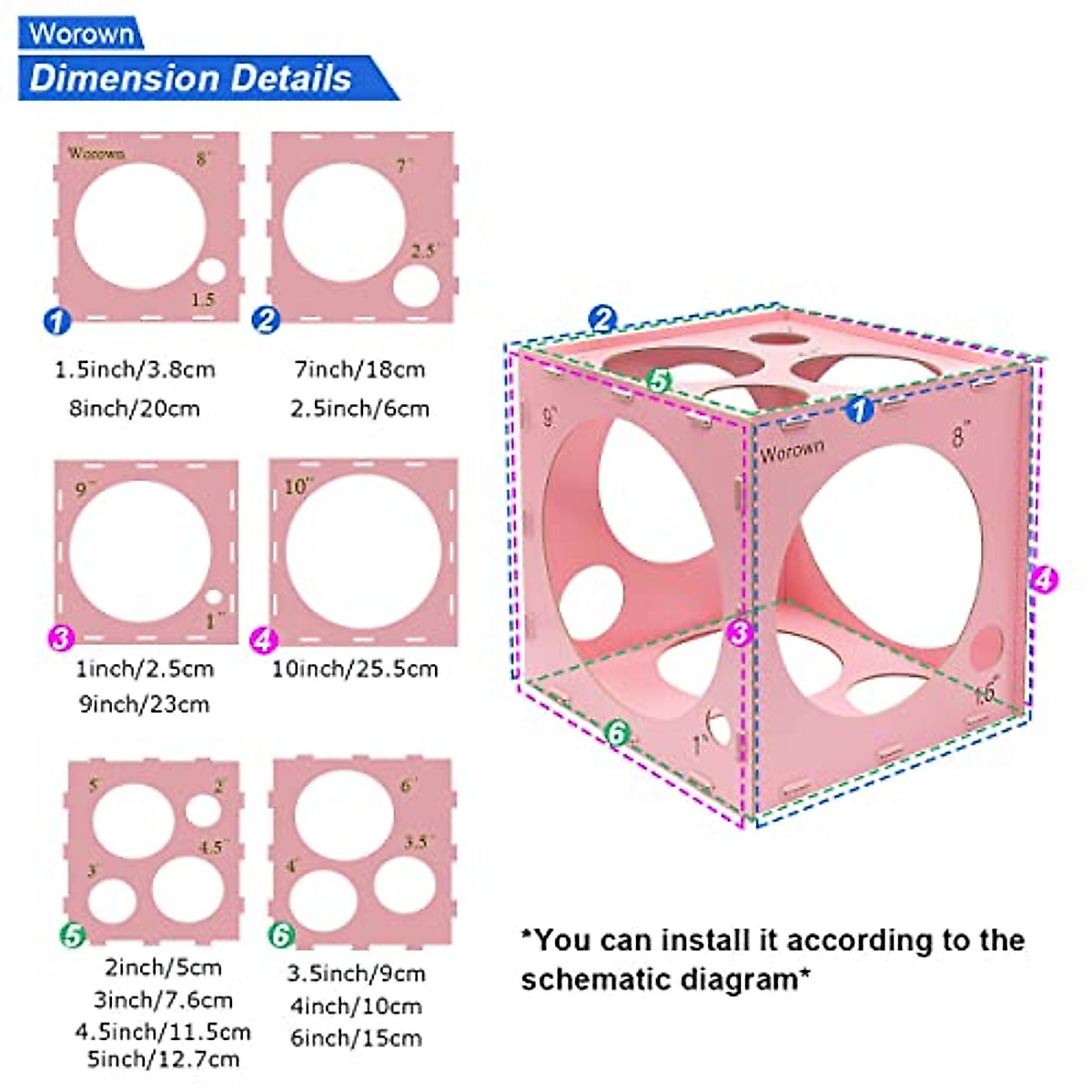 Worown 14 Holes Pink Collapsible MDF Balloon Sizer Box, 1-10 Inch Balloon Sizer Cube, Balloon Size Measurement Tools for Balloon Arches, Balloon Decorations