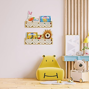 Boho Floating Shelves for Wall 2 Pack, Macrame Kids Bookshelf for Nursery Toddler Bedroom Classroom, Wood Hanging Book Shelf Storage Organizer for Room Decor
